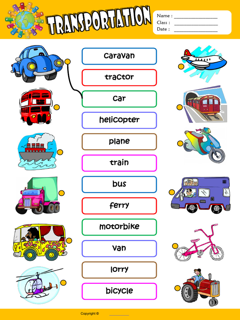 Transportation Esl Vocabulary Matching Exercise Worksheet For Kids ...