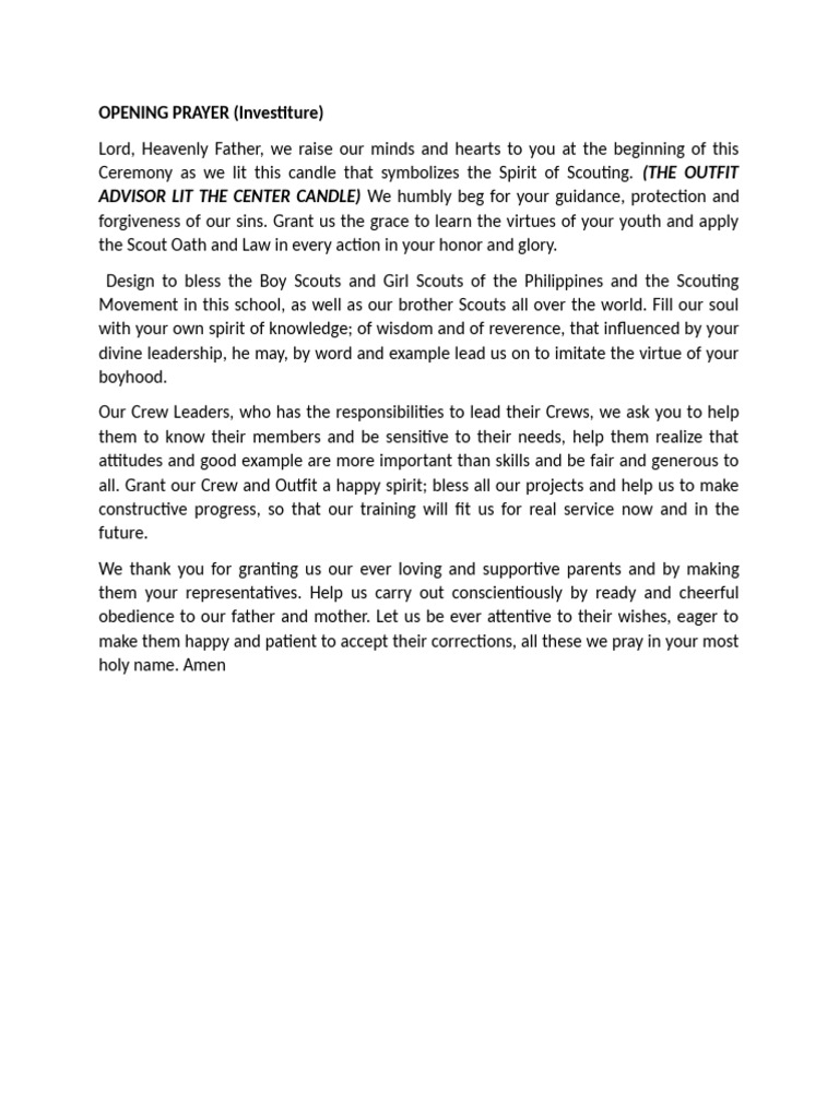 Opening Prayer for Investiture Ceremony | PDF | Career & Growth ...