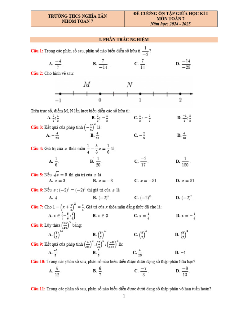De Cuong Giua Hoc Ki 1 Toan 7 Nam 2024 2025 Truong Thcs Nghia Tan Ha Noi | PDF