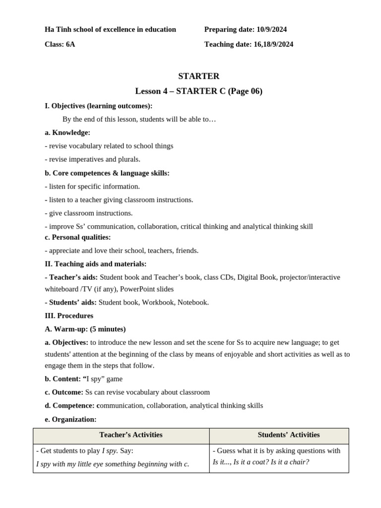 Achiever's A1 Lesson Plan Week 3 | PDF | Classroom | Teachers