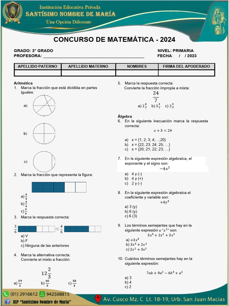 3er Grado Concurso de Matemática - 2024 | PDF | Matemáticas | Aritmética