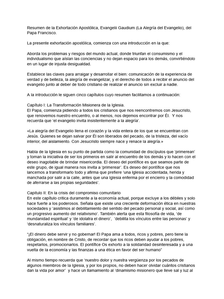 Resumen de "Evangelii Gaudium" de Francisco | PDF | Evangelización ...