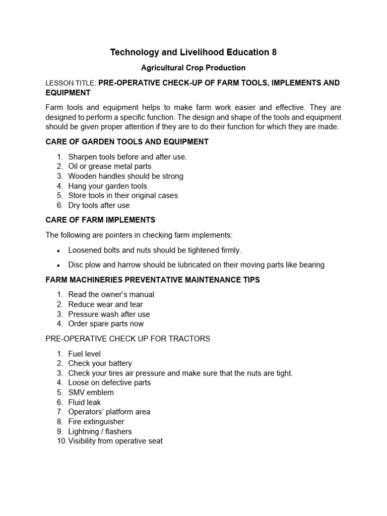 Pre-Operative Check-Up for Farm Tools | PDF