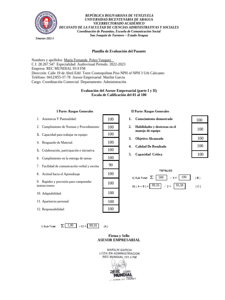 Planilla de Evaluación Del Tutor Empresarial | PDF