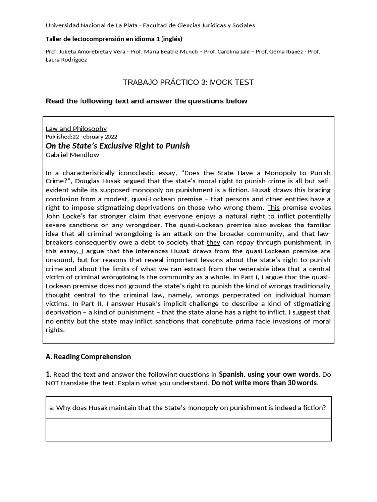 TP 3 (Practice Test) 2022 | PDF | Punishments | Verb