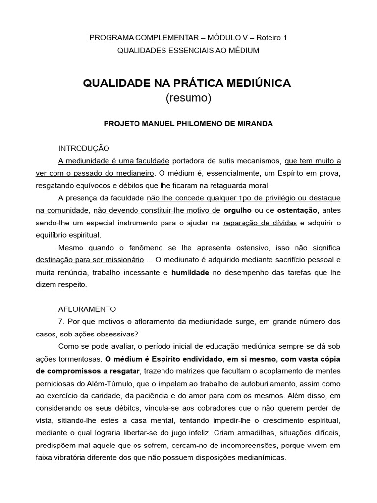 M Dulo 5 Roteiro 1 Qualidades Essenciais Ao M Dium | PDF | Mediunidade | Espiritismo