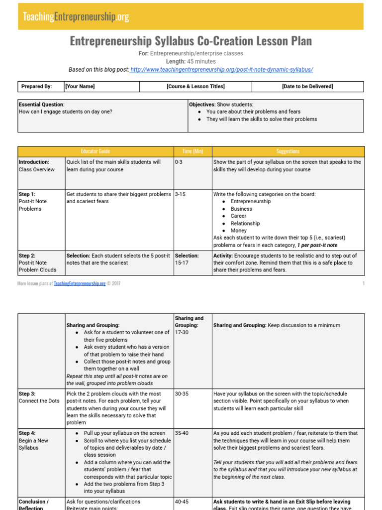 Engaging Entrepreneurship Lesson Plan | PDF