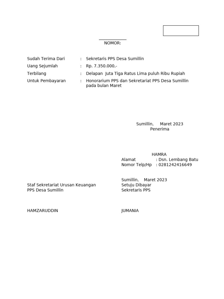 Kwitansi Pembayaran PPS Desa Sumillin | PDF