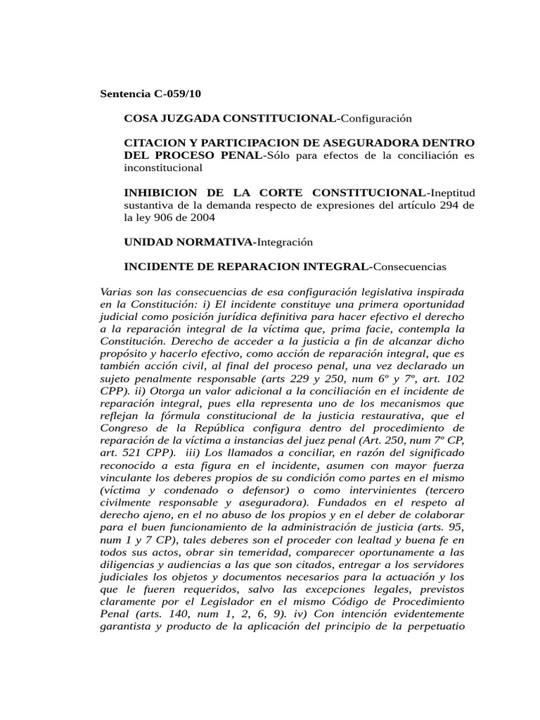 C-059-10 (Principios de Concentración e Inmediación) . | PDF | Debido al proceso | Póliza de seguros