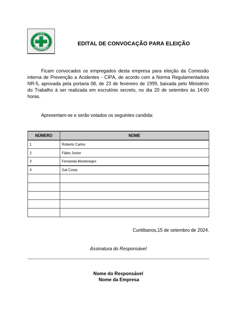 Eleição da CIPA: Edital de Convocação | PDF