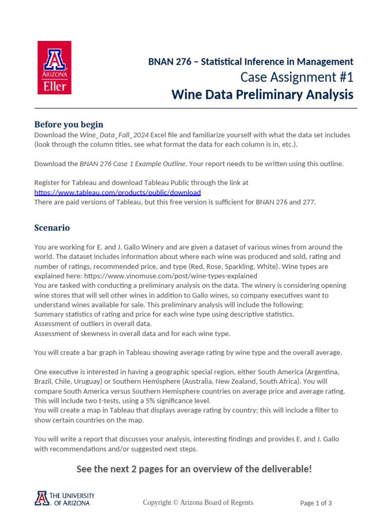 Case 1 - Wine Data Preliminary Analysis (Fall 2024) | PDF | Student's T ...