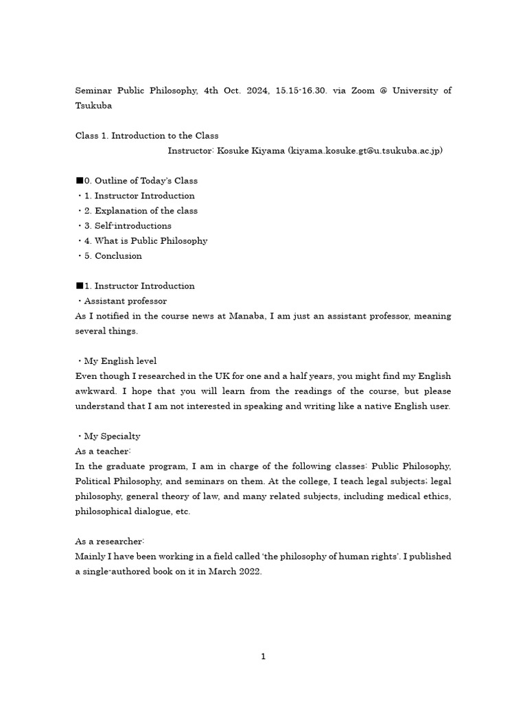 Class 1 Introduction Seminar On Publicl Philosophy Handout 2024 | PDF ...