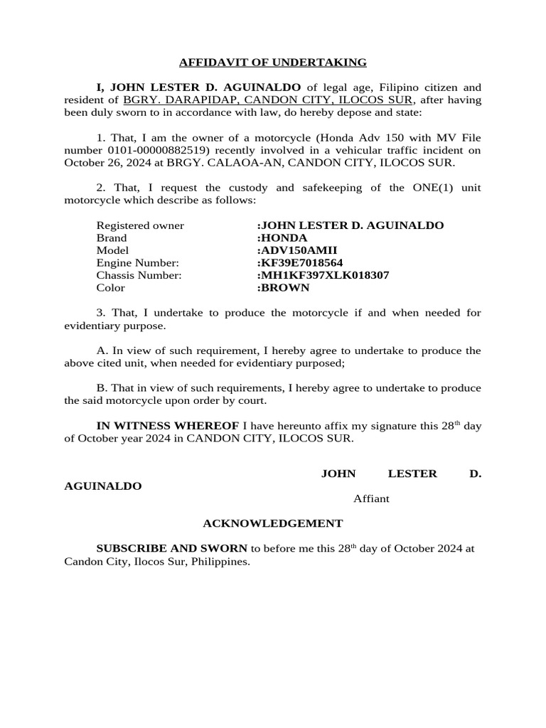 Affidavt of Undertaking Motorcycle | PDF | Law