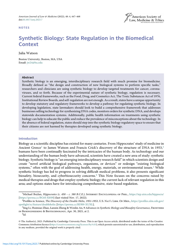 Synthetic Biology State Regulation in The Biomedical Context | PDF ...