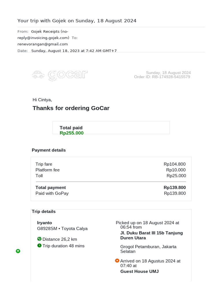 Gojek GoCar Trip Receipt - Aug 18, 2024 | PDF