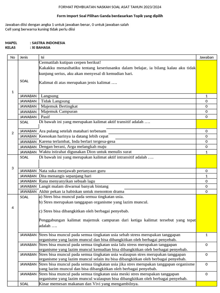 Naskah Soal Asat Sastra Indonesia Kelas Xi BHS | PDF