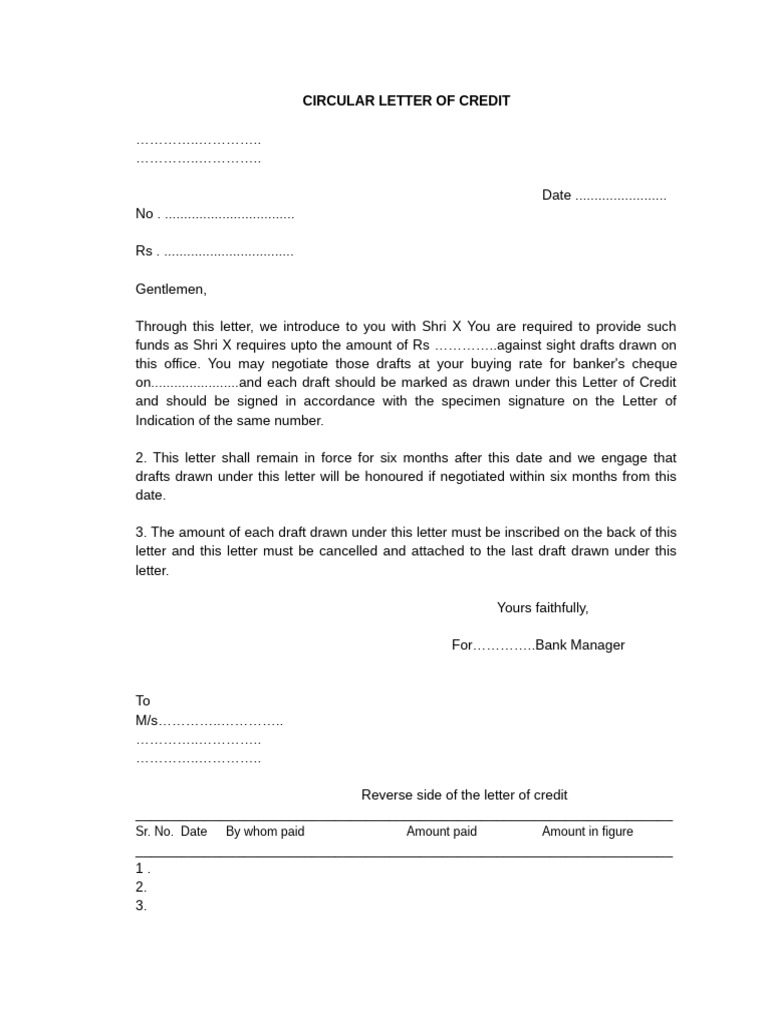 Circular Letter of Credit Template | PDF