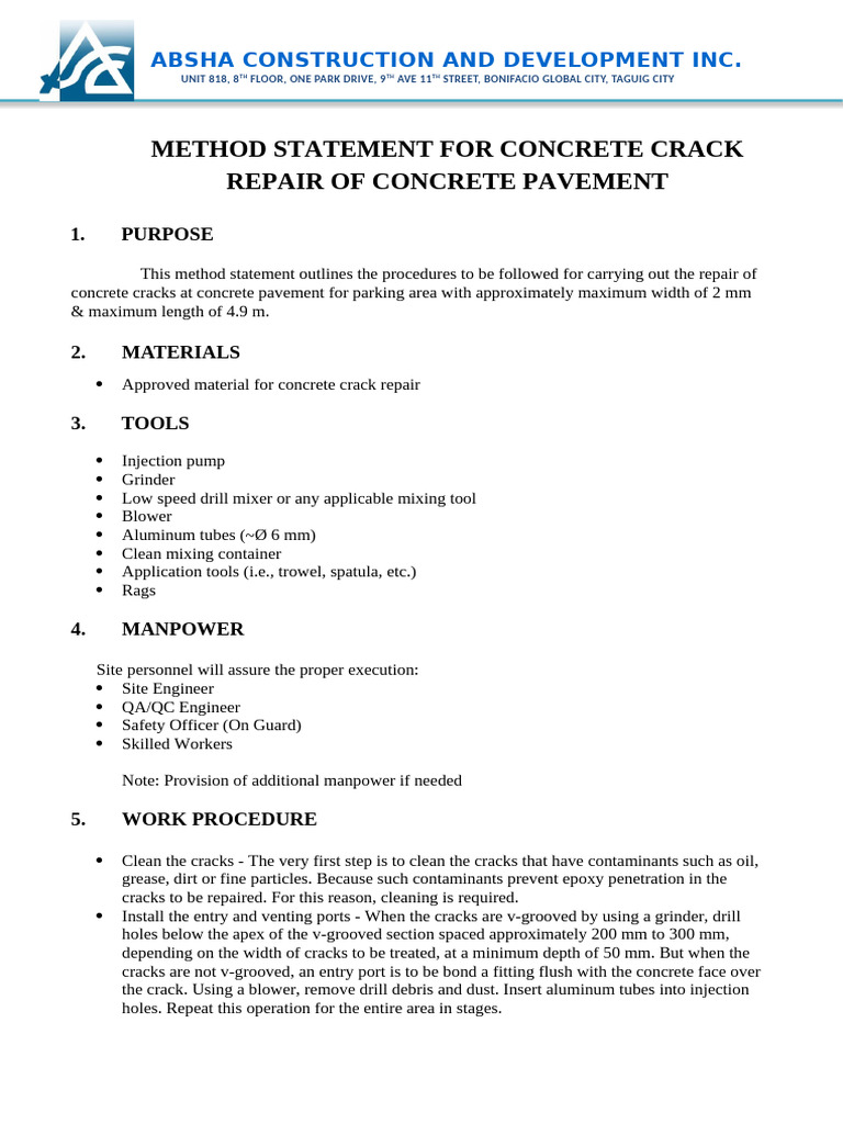 Method Statement For Concrete Crack Repair For Concrete Pavement | PDF | Epoxy | Concrete