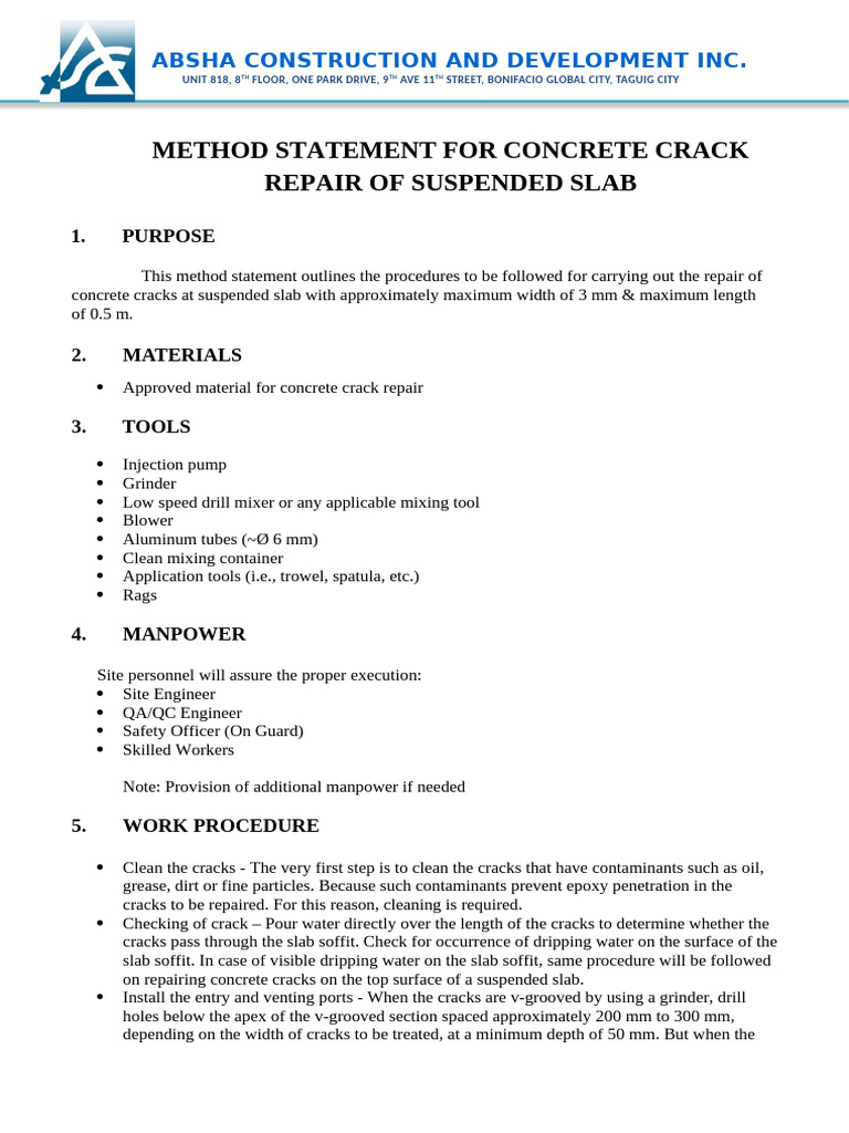 Method Statement For Concrete Crack Repair For Suspended Slab | PDF | Epoxy | Concrete