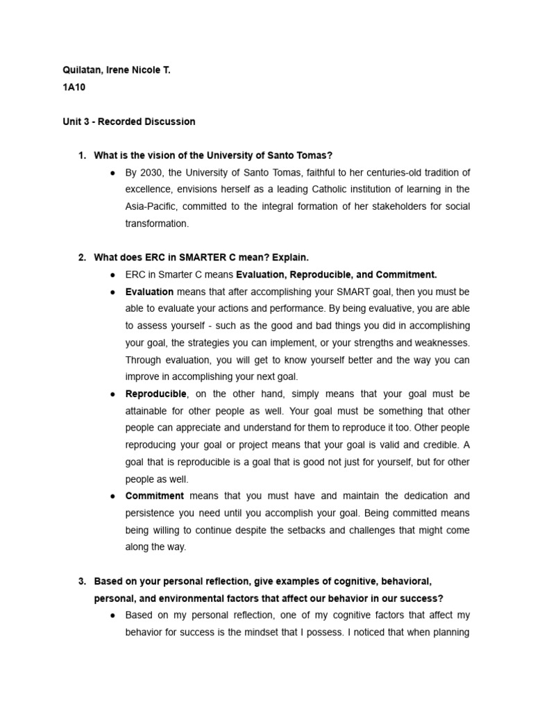 Quilatan, Irene Nicole - Unit 3 | PDF | Goal | Mindset