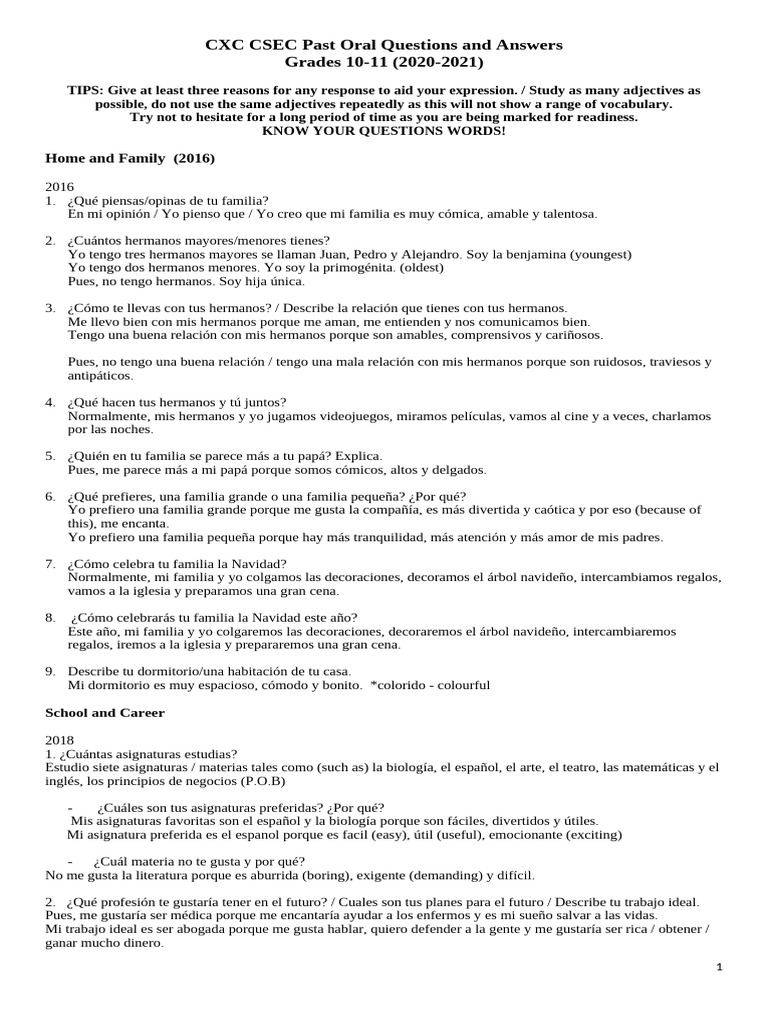 Grades 10 & 11 CXC CSEC Oral Conversation Questions and Answers (Nov 28, 2023) | PDF
