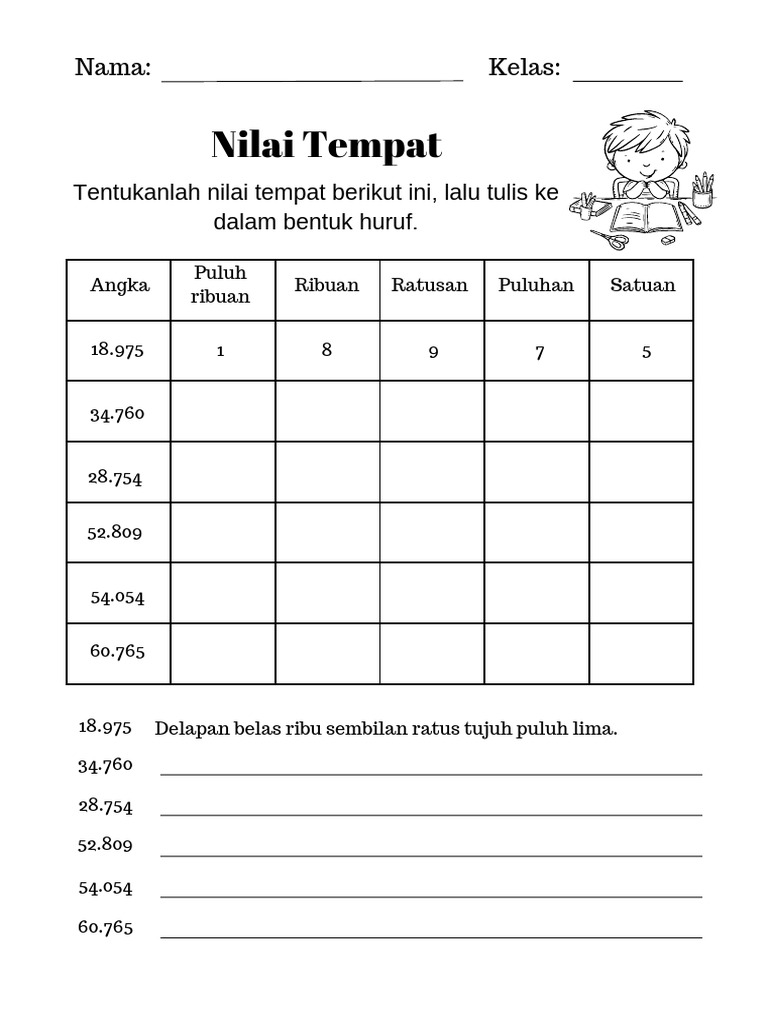 Nilai Tempat Puluh Ribuan Lembar Kerja Putih Sederhana | PDF