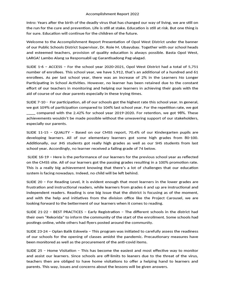 Accomplishment Report 2022 | PDF | Teachers | Human Communication