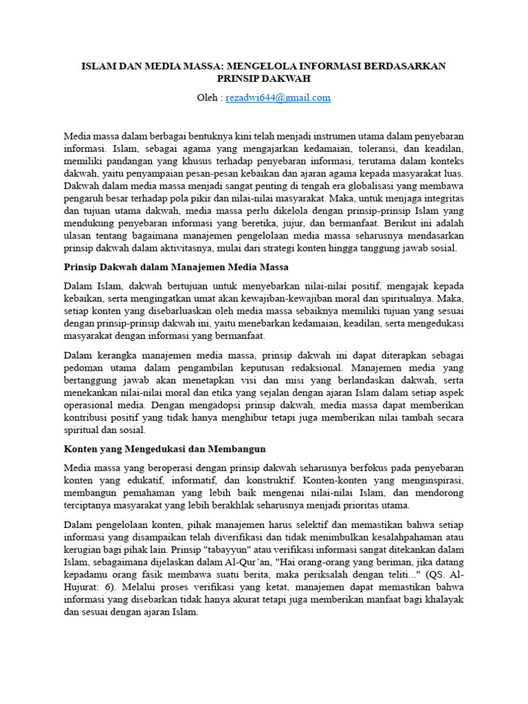 Islam Dan Media Massa Mengelola Informasi Berdasarkan Prinsip Dakwah | PDF