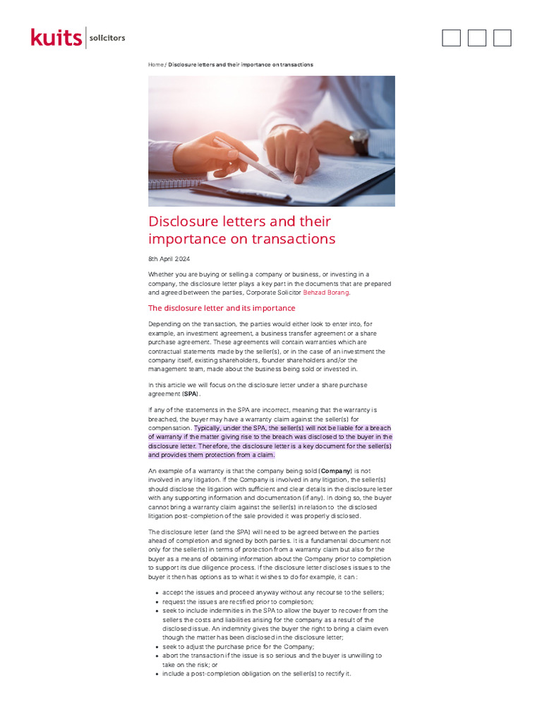 Disclosure Letters and Their Importance On Transactions - Kuits Solicitors | PDF ...