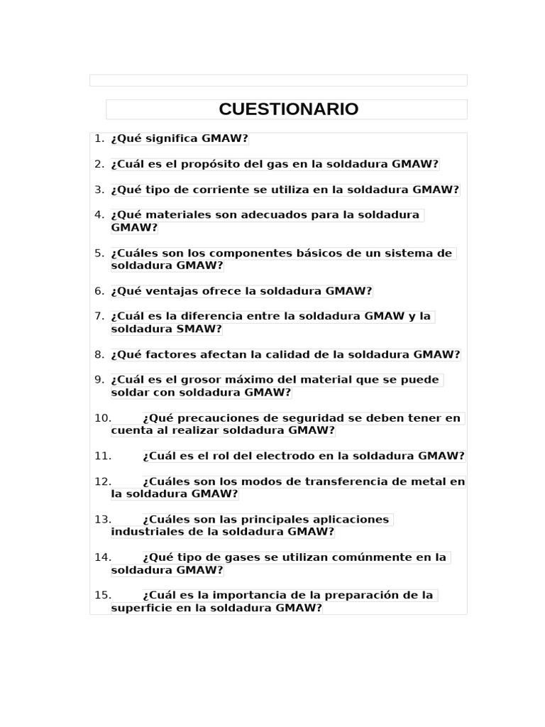 Cuestionario Gmaw | PDF | Tecnología