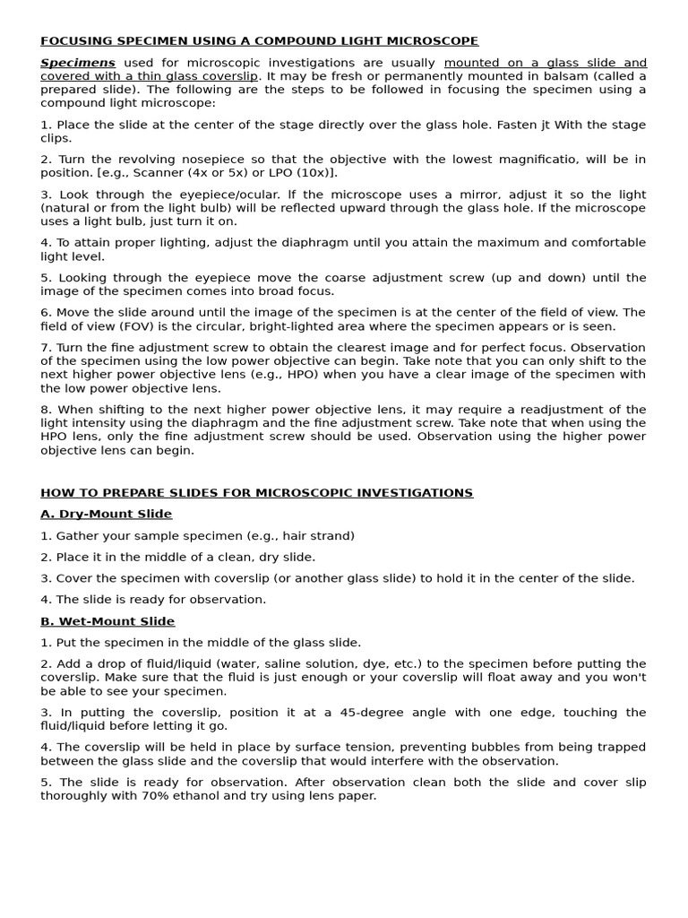 Focusing Specimen Using A Compound Light Microscope | PDF | Equipment ...
