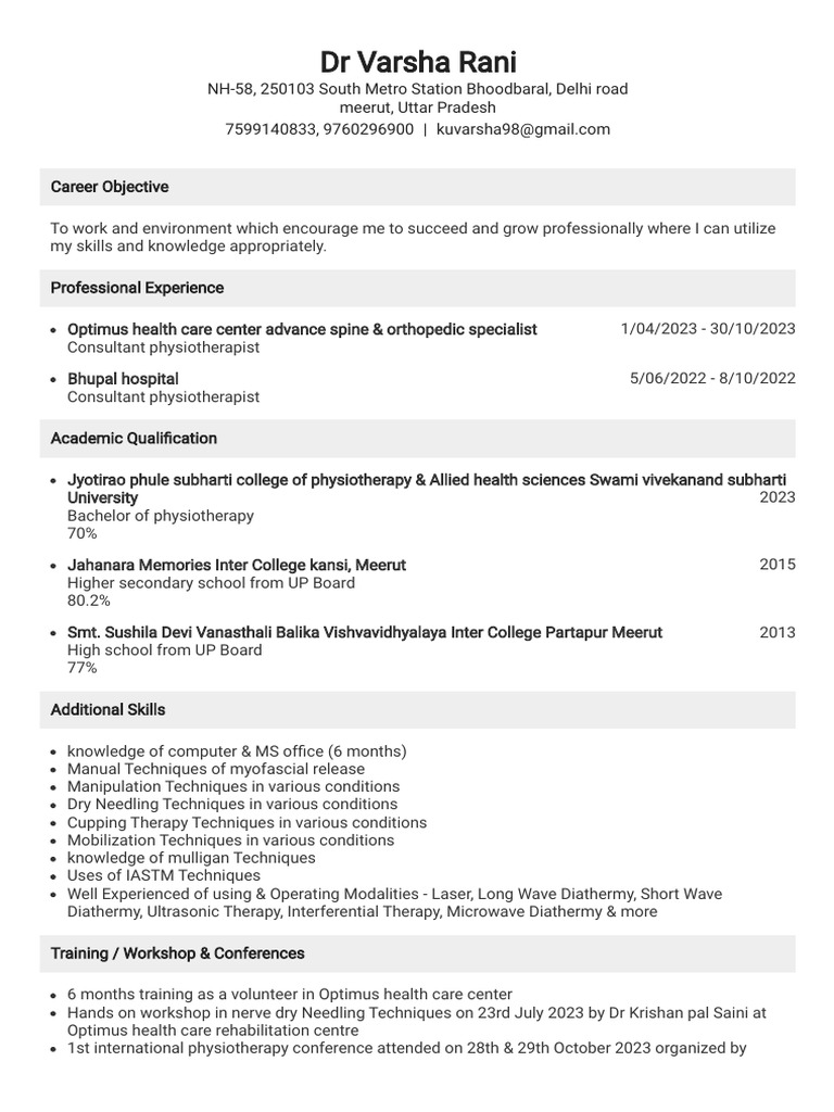 DR Varsha Rani CV | PDF | Physical Therapy | Clinical Medicine