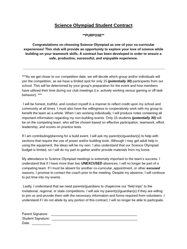 Science Olympiad Student Contract | PDF