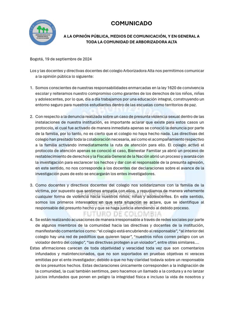 COMUNICADO ARBORIZADORA ALTA Sept - 19-1 | PDF | Violencia | Violación