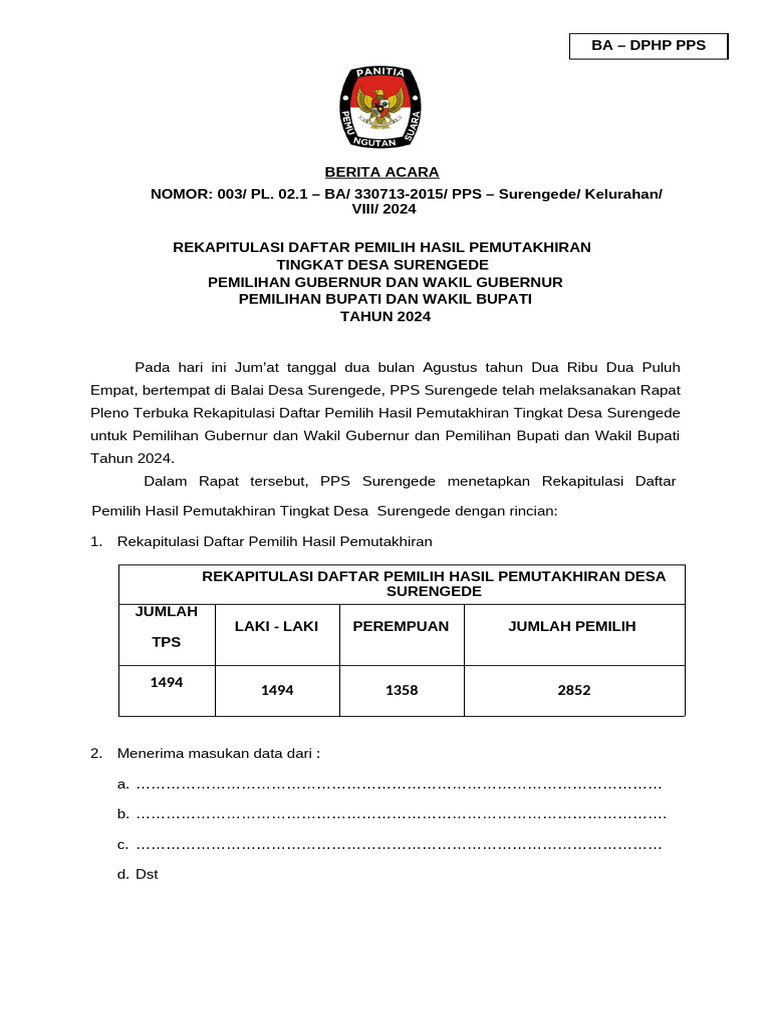 Rekap Pemilih Desa Surengede 2024 | PDF