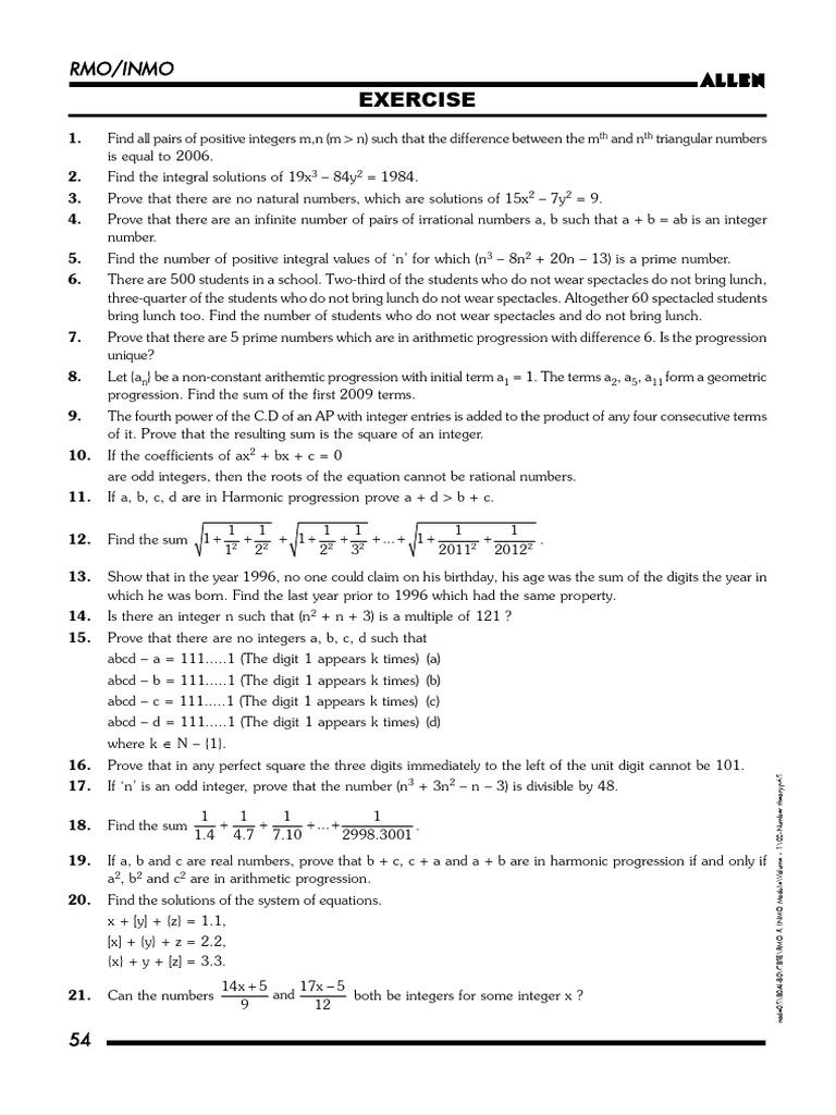 RMO/INMO Number Theory Exercises | PDF | Numbers | Prime Number