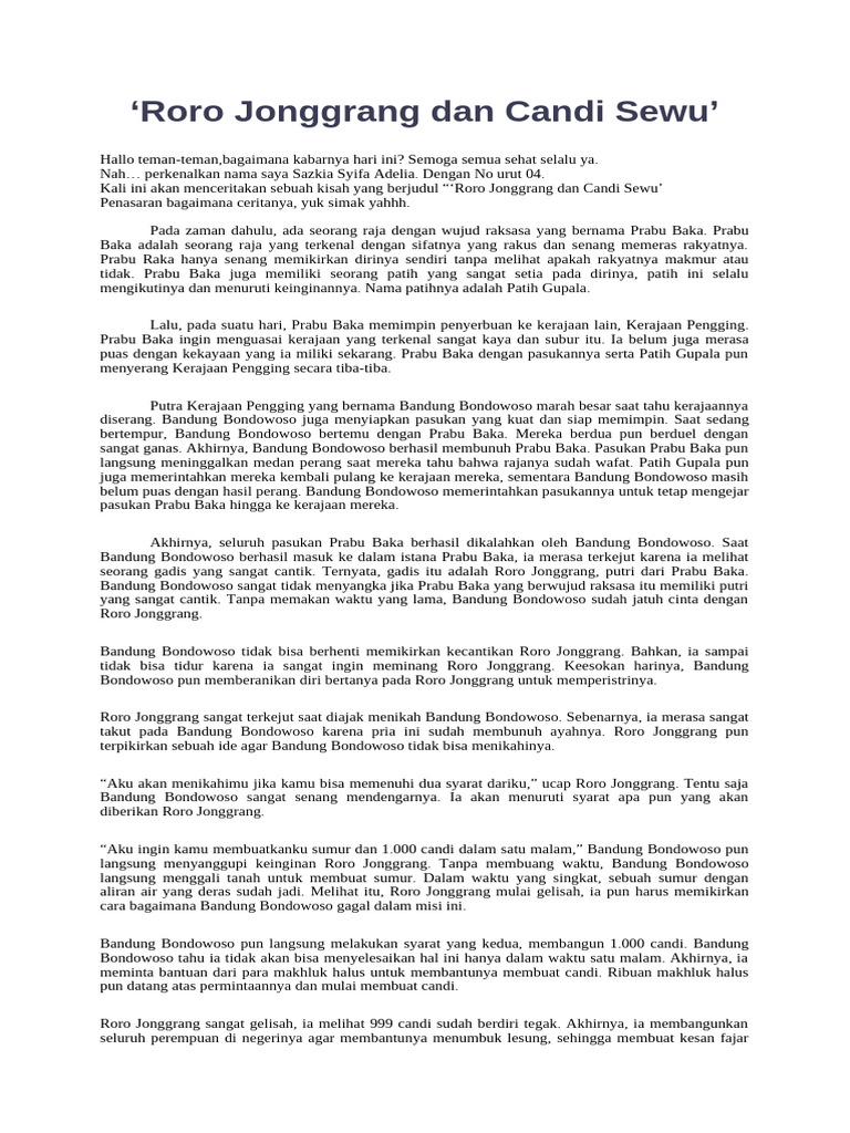 Teks Dongeng Roro Jonggrang Dan Candi Sewu | PDF