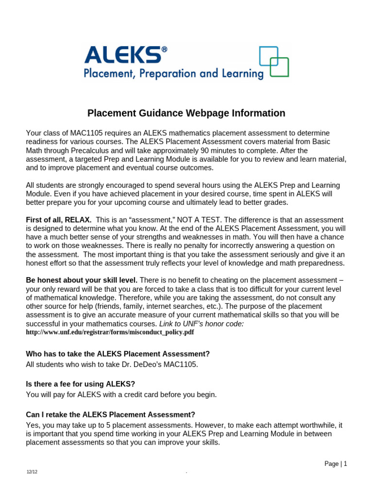 Alek S Placement Guidance Page Information | PDF | Mathematics | Learning