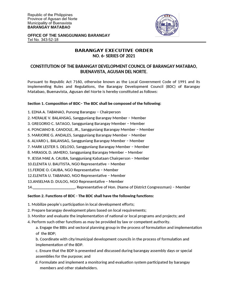 Barangay Eo No. 6-2021 | PDF | Government