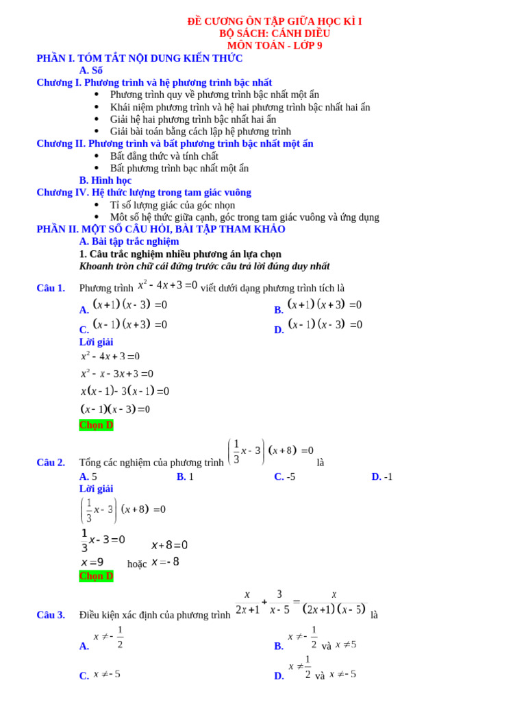 De Cuong On Tap Giua Hoc Ki 1 Mon Toan 9 Sach Canh Dieu | PDF