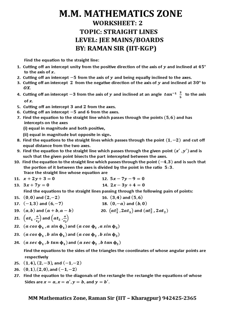 Straight Lines (Worksheet - 2) | PDF | Line (Geometry) | Cartesian ...