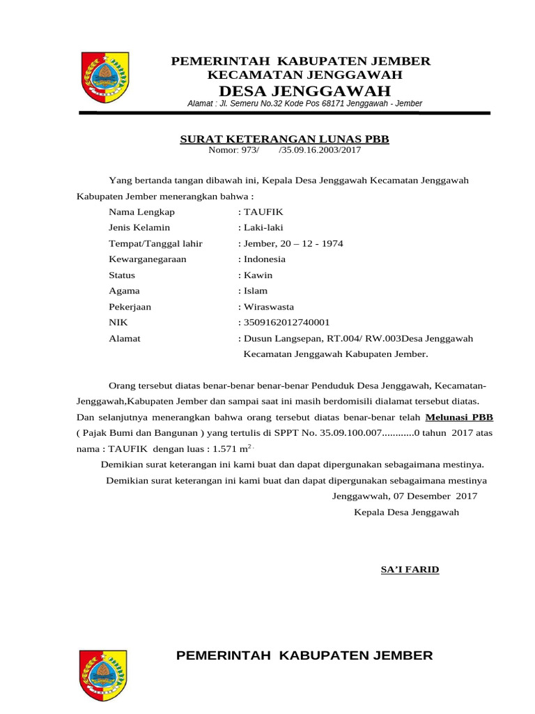 Surat Ket. Lunas PBB | PDF