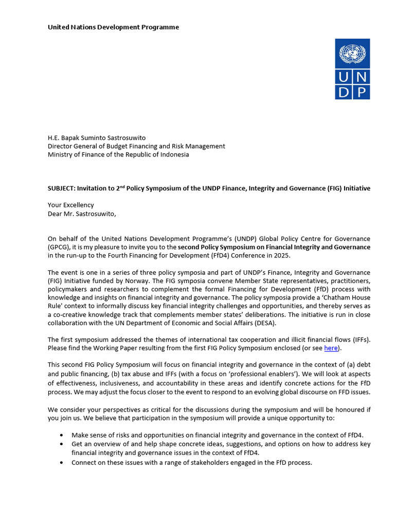 Invitation To 2nd Policy Symposium of The UNDP Finance Integrity and ...
