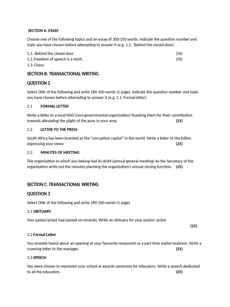 Grade 11 English Paper 3 Topics | PDF