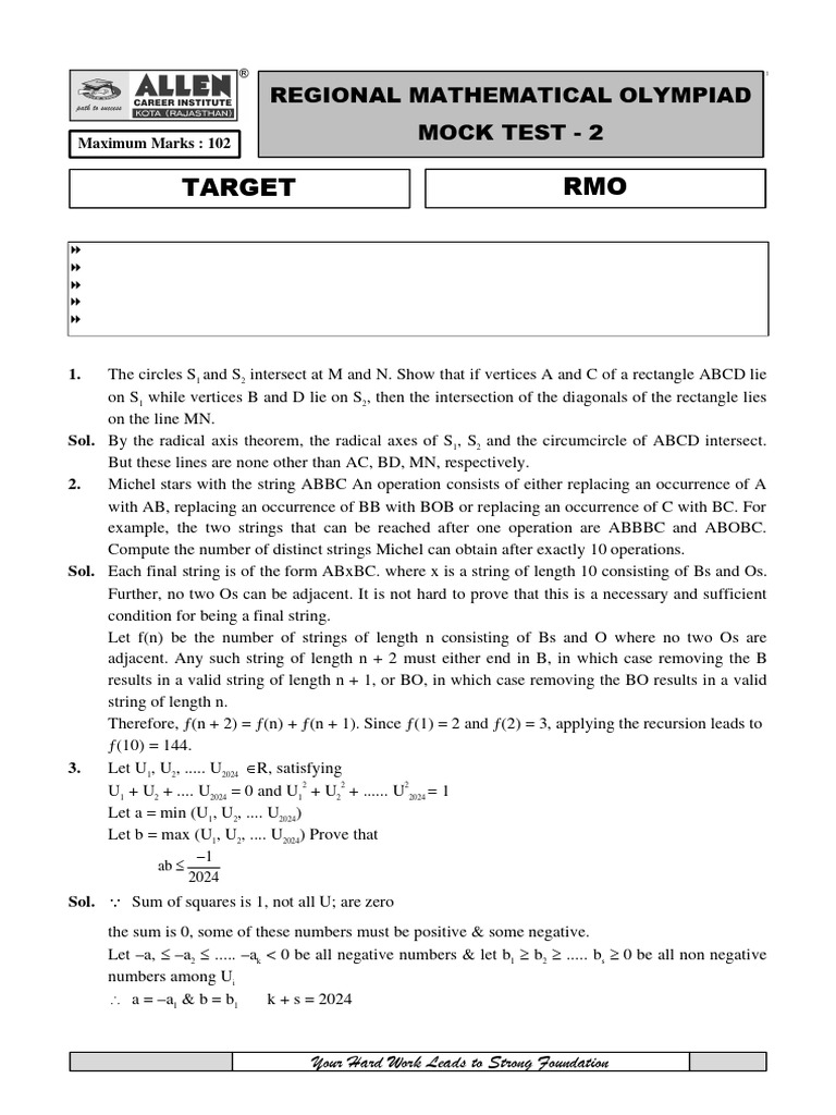 RMO TEST # 2 - Solutions | PDF | Rectangle | Discrete Mathematics