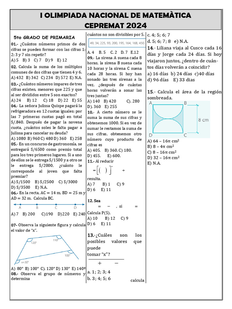 EXAMEN DE 5to GRADO PRIAMRIA MATEMATICA | PDF