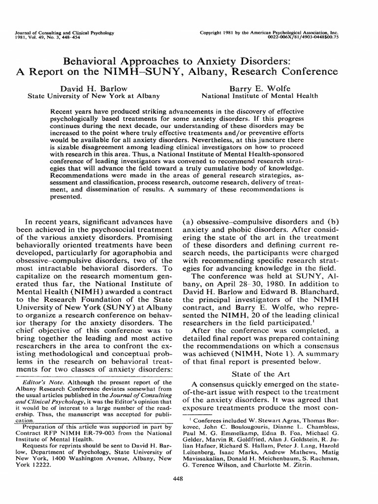 Behavioral Approaches To Anxiety Disorders - A Report On The NIMH-SUNY ...
