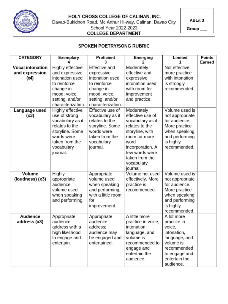 Rubrics Spoken or Song Poetry | PDF | Applied Linguistics | Human ...