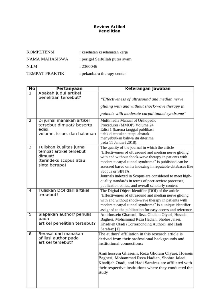 Review Artikel Penelitian Kesehatan Keselamatan Kerja | PDF | Carpal ...