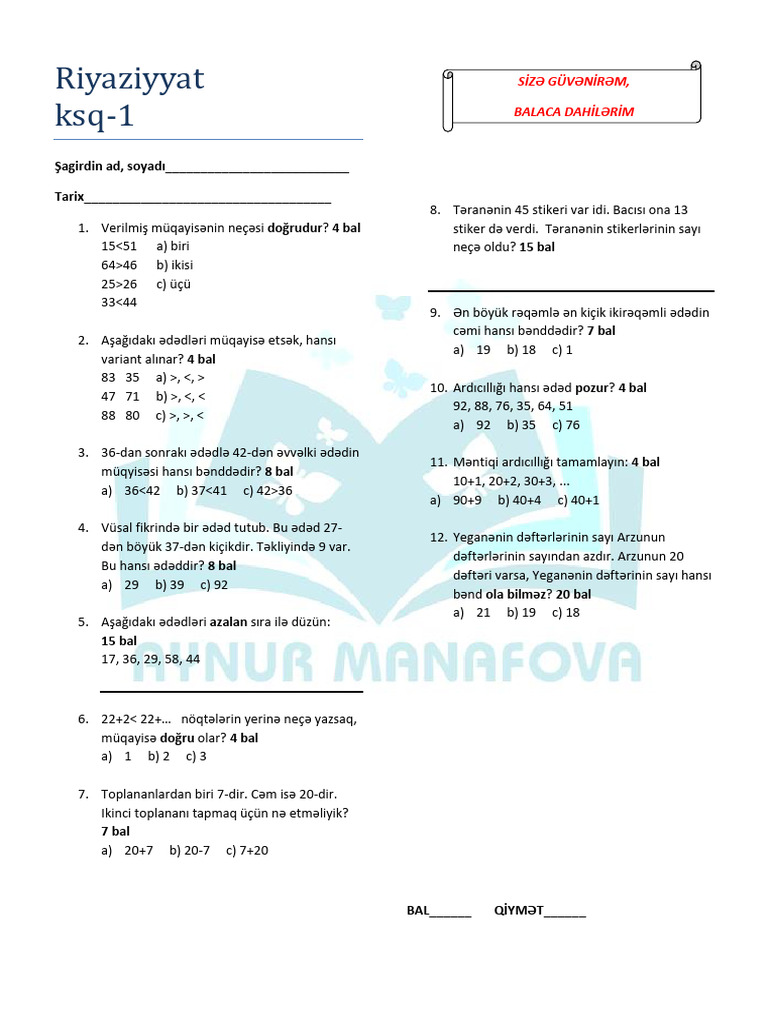 Aynur Manafova Riyaz KSQ 1 Si̇ni̇f 2 | PDF